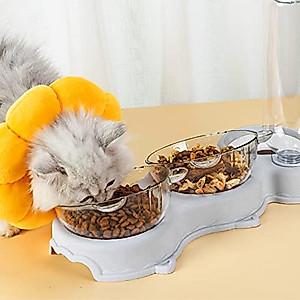 LKSTK Grey Triple Cat Bowl with Waterproof Mat and Scoop, 15°Tilted Raised Cat Food Bowl, Pets Water and Food Bowl Set with Automatic Water Bottle, Wet and Dry Food Bowl for Cat & Small Dog