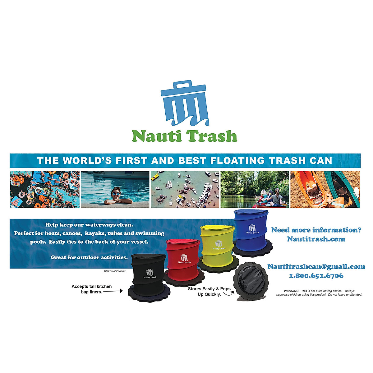 Nauti Floating Trash Can Light Weight Collapsible Floating Trash can. Perfect for Water and Outdoor Activities. Folds Flat for Easy Storage When not in use. Don’T BE Nauti, STASH You Trash!