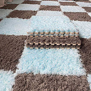 12 Pcs -12 Sq.ft. Non-Slip Shaggy Interlocking Foam Tiles,Plush Puzzle Floor Mat,Area Rugs,Carpet Square,Wear-Resistant Playmat,12x12 Inch(Color:Blue)