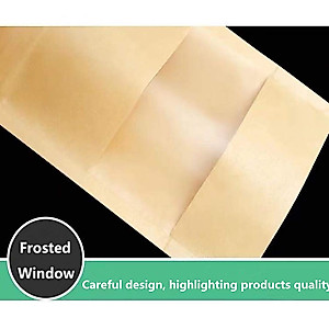 Kraft Paper Bags With Matt Window And Zip Lock Decorative Brown Heavy Duty Heat Seal Recycled Resealable Mylar Stand Up Pouches Bags Sealable For DIY Food Snack Cookies Candy Coffee (4x6+2.4inch)