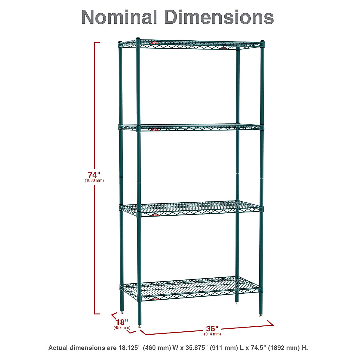 METRO Super Erecta Metroseal Green Epoxy Shelving Unit - Industrial Wire Shelving for Restaurants, Kitchens, Walk-in Coolers/Freezers with Microban - 4 Tier, 2000 lbs Capacity, 18” W x 36” L x 74” H