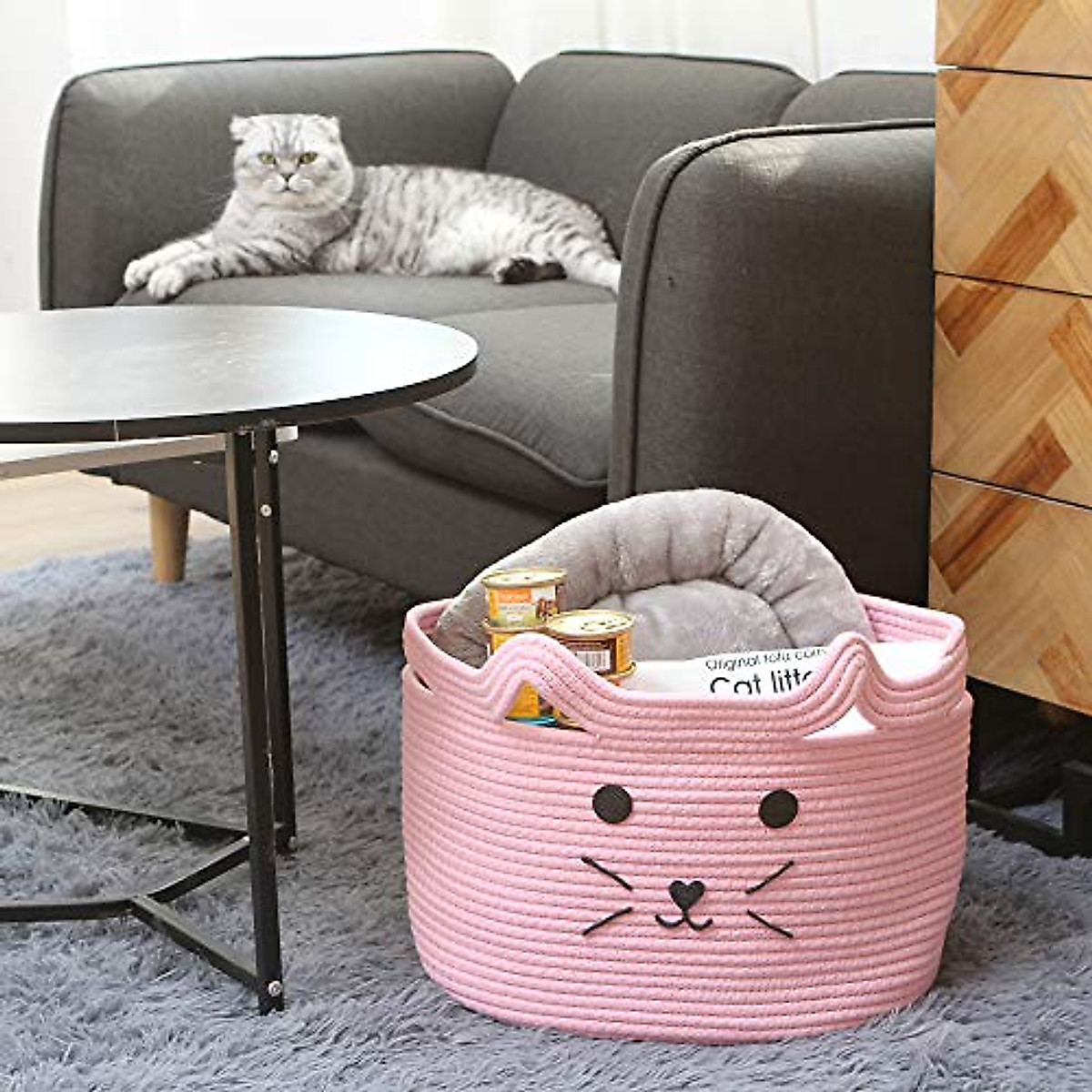 Sea Team Large Cotton Rope Storage Basket with Handles, Woven Storage Bin, Nursery Storage Box, Toys Clothes Organizer, Fabric Pet Storage Basket, Nest for Cat, Dog, 16.5 x 11.8 x 11 inches, Pink