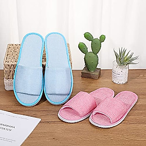 10 Pairs Washable House Slippers for Guests Open Toe Spa Slippers Women Men Soft Disposable Slippers Cotton Linen Hotel Slippers Bulk Non Slip Breathable for Indoor Travel Bedroom Party (Pink, Blue)