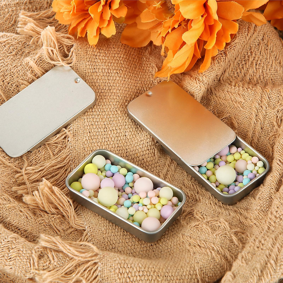 DAJAVE 100 Pack Metal Slide Top Tin Containers, 0.5 oz Mini Metal Tin Containers, Rectangle Metal Tin Box with Slide Lids for Lip Balm Jewelry Crafts Pills(Silver)