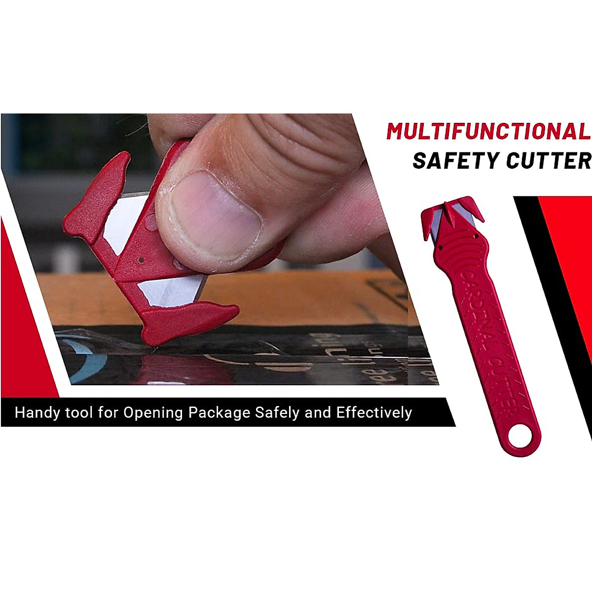 Cardinal Safety Box Cutter with Concealed Stainless Steel Blade, Package Opener Plastic Cutter for Box, Carton, Shrink Wrap, Plastic Straps (Red, Pack of 5)