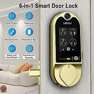 Lockly Vision Smart Lock, Camera Video Two-Way Audio 6-in-1 Keyless Entry Door Lock with Doorbell Fingerprint Door Lock with APP Control Digital Keypad Wi-Fi Deadbolt Door Locks- Brushed Gold