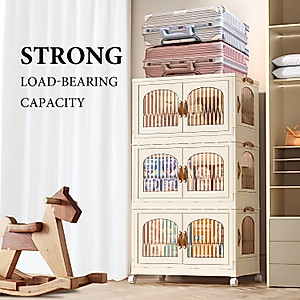 EHAMILY Stackable Storage Bins with 1 Lid Set 3 Tier,19 Gal Clear Plastic Folding Storage Box with Wheel and Door,Large Foldable Cabinet Collapsible Bin for Closet Organizer,Clothes,White