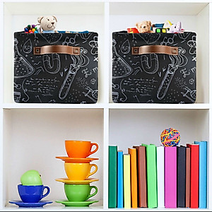 White Science Lab Objects Doodles on Chalkboard 1 PC Rectangle Storage Basket Collapsible Fabric with Leather Handles Bag Organizer Clothes for Home Bedroom 15 x 11 x 9.5 in