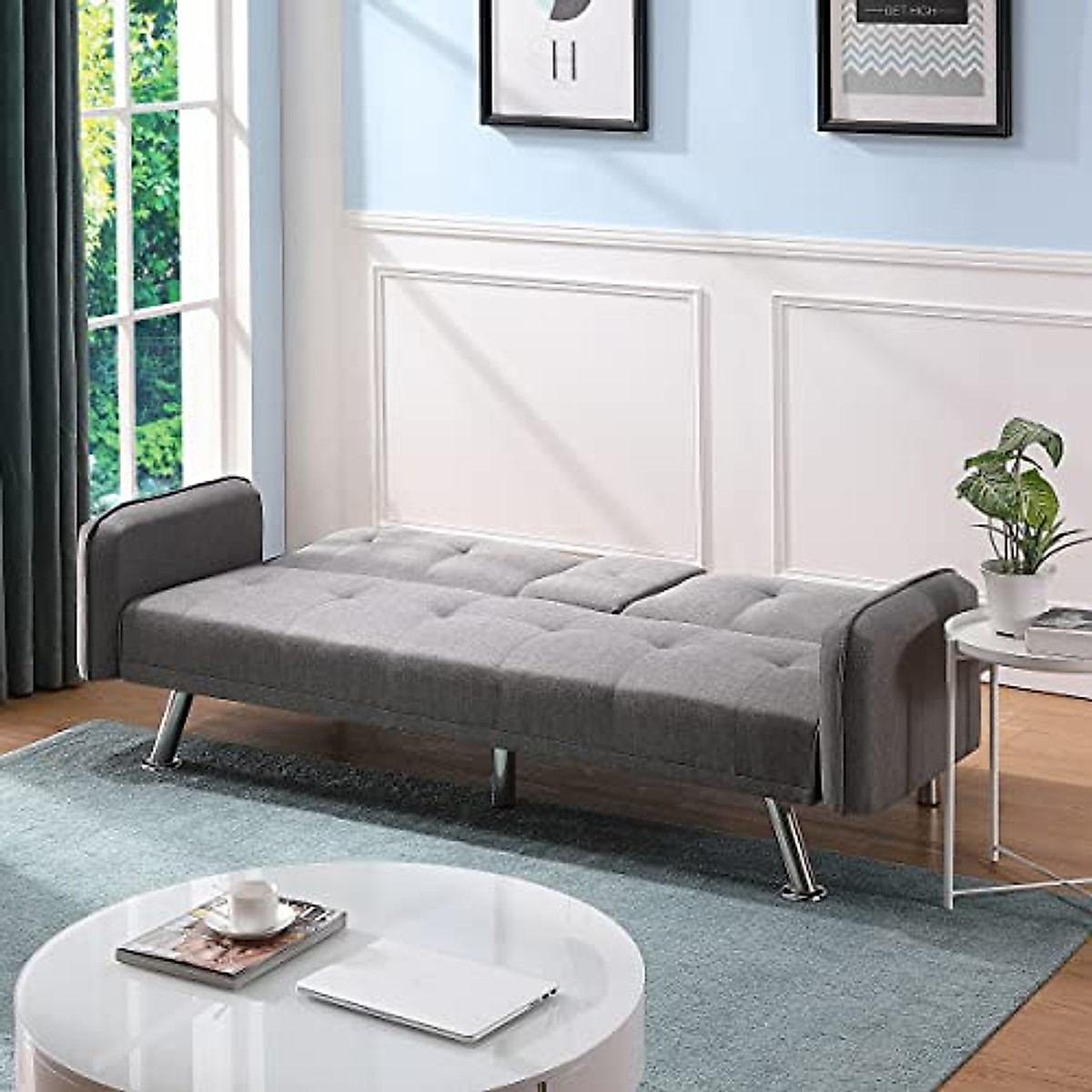 ERDAYE Futon Sofa Loveseat Convertible Sleeper Couch Bed Futonbed for Living Room Apartment Small Space Furniture Sets with 2 Cup Holders,Metal Legs, Removable Soft Square Armrest, Light Gray-1