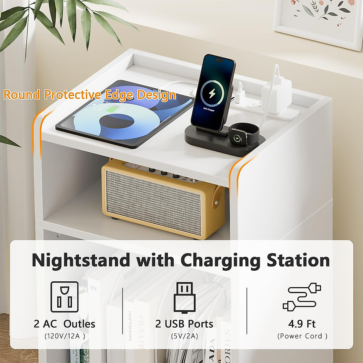 Furologee White Record Player Stand, Wood Nightstand/End Table with Charging Station and LED Lights, Modern Vinyl Record Player Turntable Table with 3 Tier Open Storage Cabinet for Bedroom