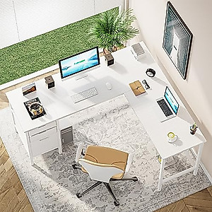 Tribesigns L Shaped Desk with File Drawer Cabinet, 59 Inch Corner Desk L Shaped Computer Desk with Drawers, PC Table Writing Desk for Home Office, White