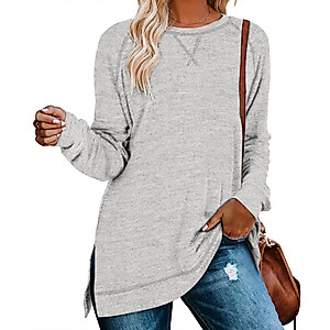 Aokosor Long Sleeve Shirts for Women 2024 Loose Casual Tunic Tops for Leggings Light Grey XL