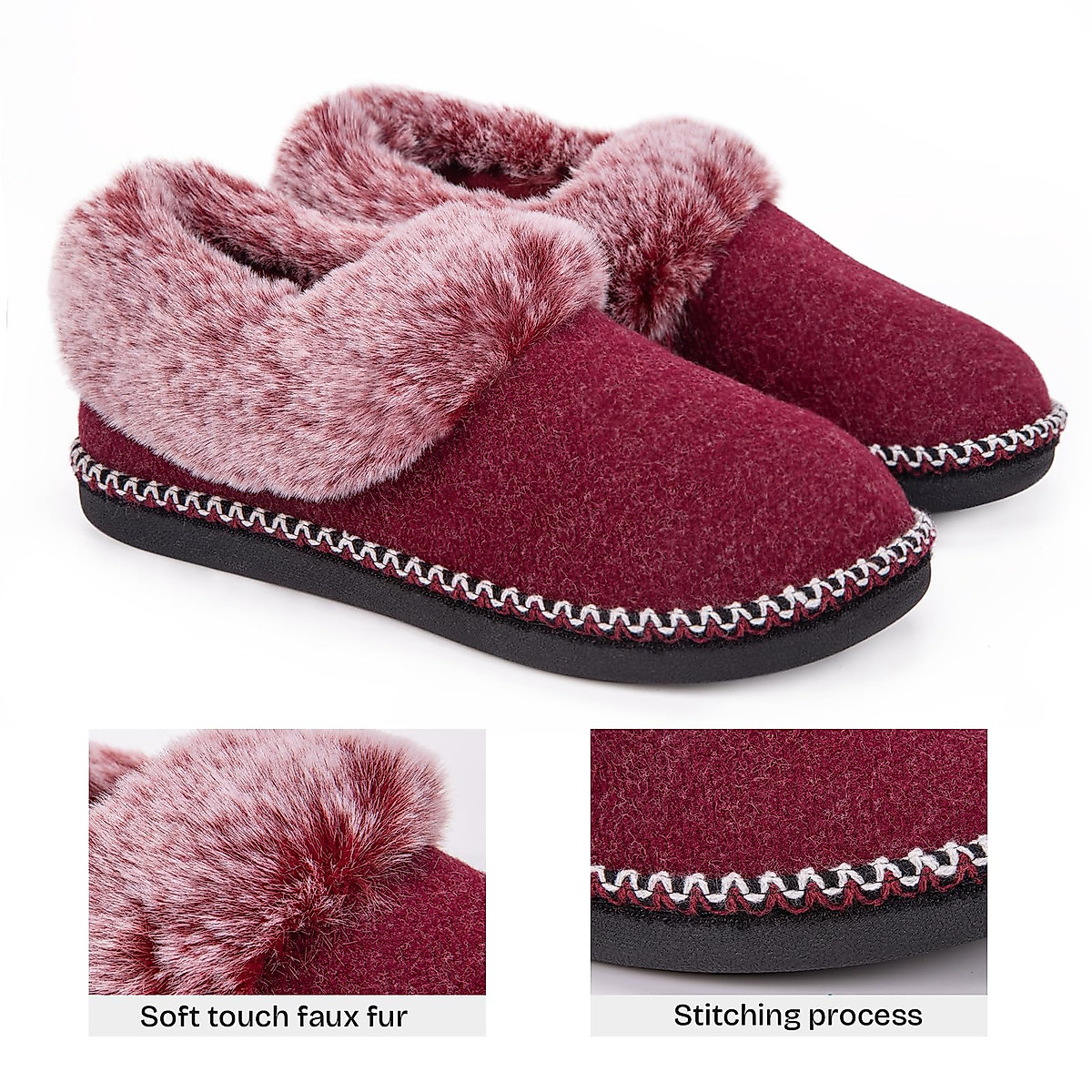 EverFoams Women's Luxury Wool Memory Foam Slippers with Fluffy Faux Fur Collar and Indoor Outdoor Sole (Burgundy, Size 7 M US)