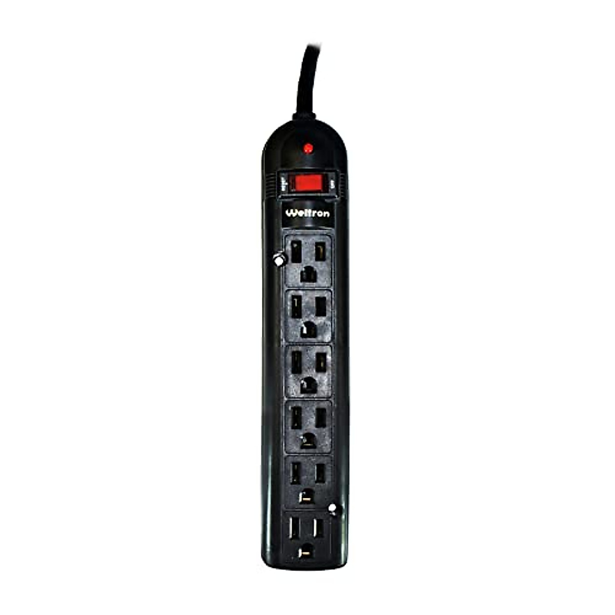 Weltron 6 Outlet Black Surge Protector Power Strip, Wall Mount, 750 Joules, Long 20 Foot Cord Cable