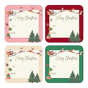 Mobiusea Creation Christmas Gift Tags Labels | 2 Inch | 60 Pcs Christmas Gift Labels | Red, Green, Gold, Pink 4 Color Assortments with Santa, Christmas Tree and Present Design Christmas Labels