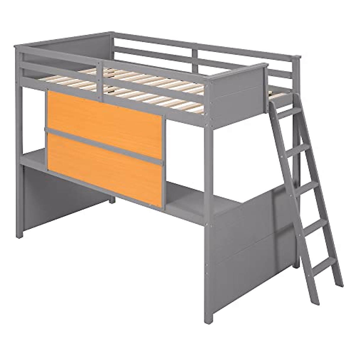 Lifeand Twin Size Loft Bed with Desk and Writing Board, Wooden Loft Bed with Desk,Gray