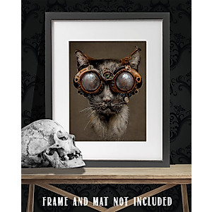 Steampunk Cat Wearing Goggles - 11x14 Unframed Wall Art Print - Makes a Funny and Cute Home Decor and Gift For Cat Owners