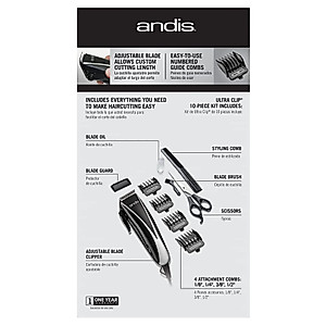 Andis Ultra Clip Adjustable Blade 10-Piece Home Haircut Kit, Black
