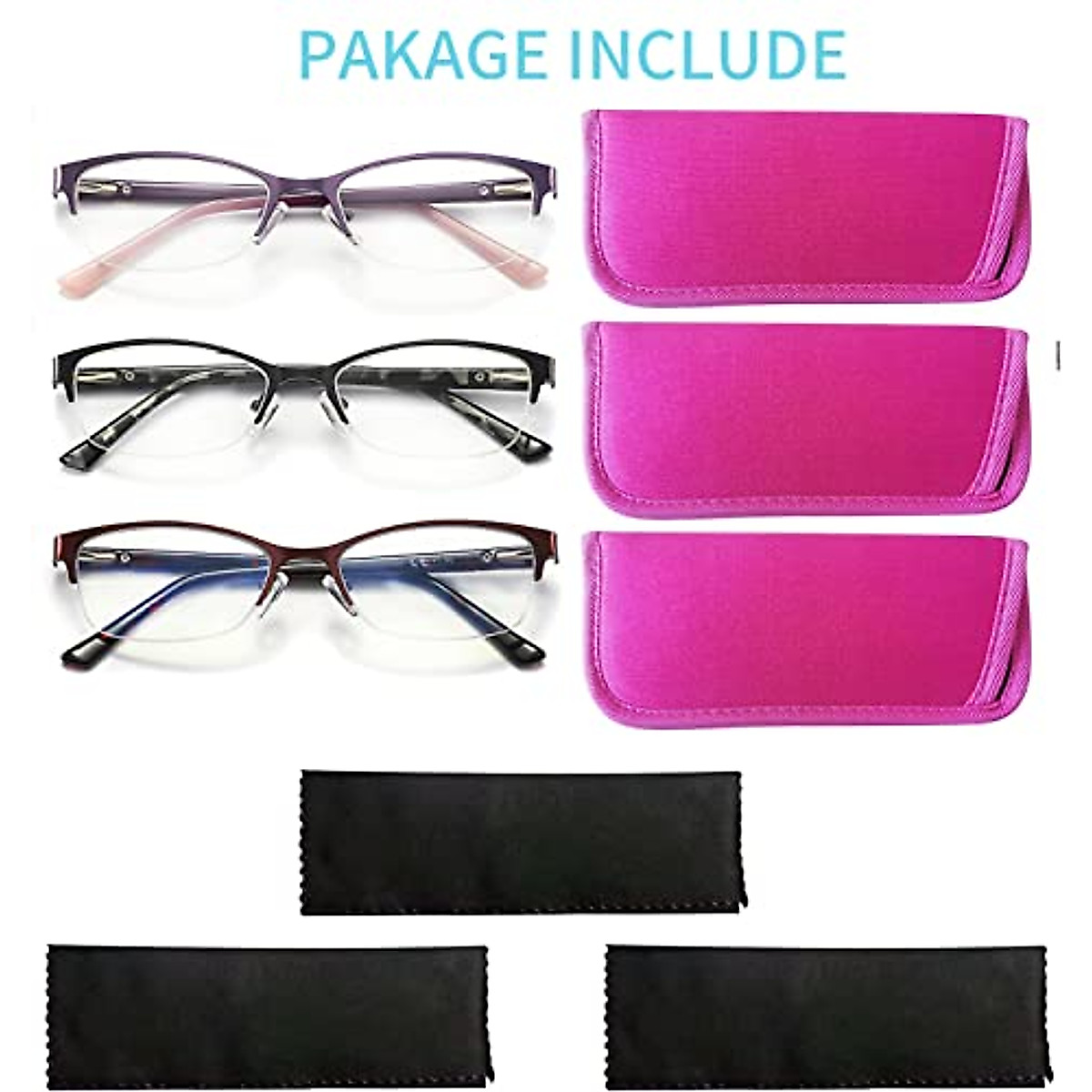 HOTJOJO 3 Pack Reading Glasses for Women Blue Light Blocking, Metal Oval Half Frame Womens Readers Glass with Spring Hinge, Anti Blue Ray Reduce Eye Strain Glare Headache(125 Magnification Strength)