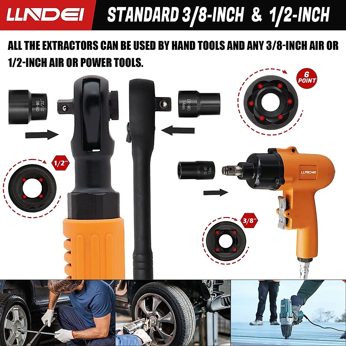 LLNDEI Upgrade Lug Nut Remover Bolt Extractor Set ½ in. and ⅜ in. Drive, Impact Bolt Nut Remover Socket Tool, Chrome-Molybdenum Steel, 1/2"&3/8" Dr. Twist Socket Set with Black Case (22PCS)