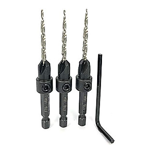 FTG USA Countersink Drill Bit Set 3 Pc #6 (9/64") Wood Countersink Drill Bit Pack Same Size Set Countersink HSS M2 Tapered Countersink Bit, with 1 Hex Wrench, Woodworking Countersink Drill Bits