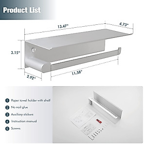 UNIGANT Paper Towel Holder with Shelf for Kitchen , Paper Towel Holder Wall Mount for Bathroom, Self-Adhesive Anti-Rust Aluminum, No Drill or Wall-Mounted with Screws (Sandblasted Silver)