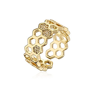 Cubic Zirconia Bee Honeycomb Ring Gold Plated Open Engagement Statement Wedding Stacking Finger Ring Adjustable Fashion Diamond Anniversary Cute Jewelry Gifts for Women Girls BFF Birthday Christmas