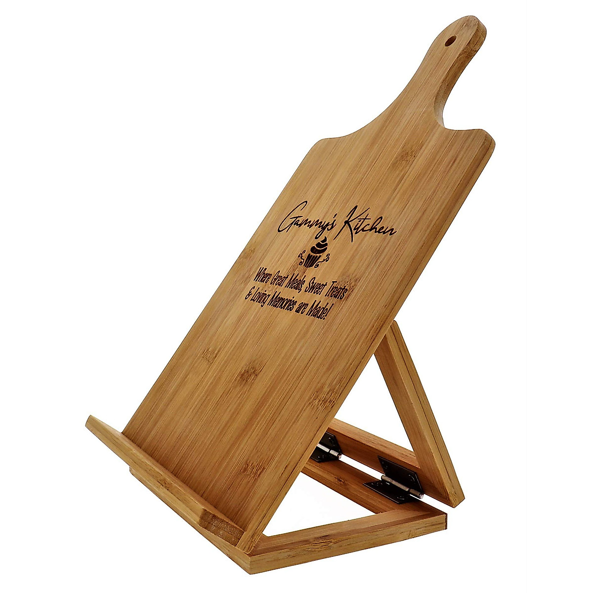 Gammy’s Recipe Cookbook Holder Stand Gift - Custom Engraved Bamboo Cutting Board Foldable Chef Easel Metal Hinges Kickstand iPad Tablet Compatible Christmas Birthday Kitchen Decor Design (7.25x13.5)