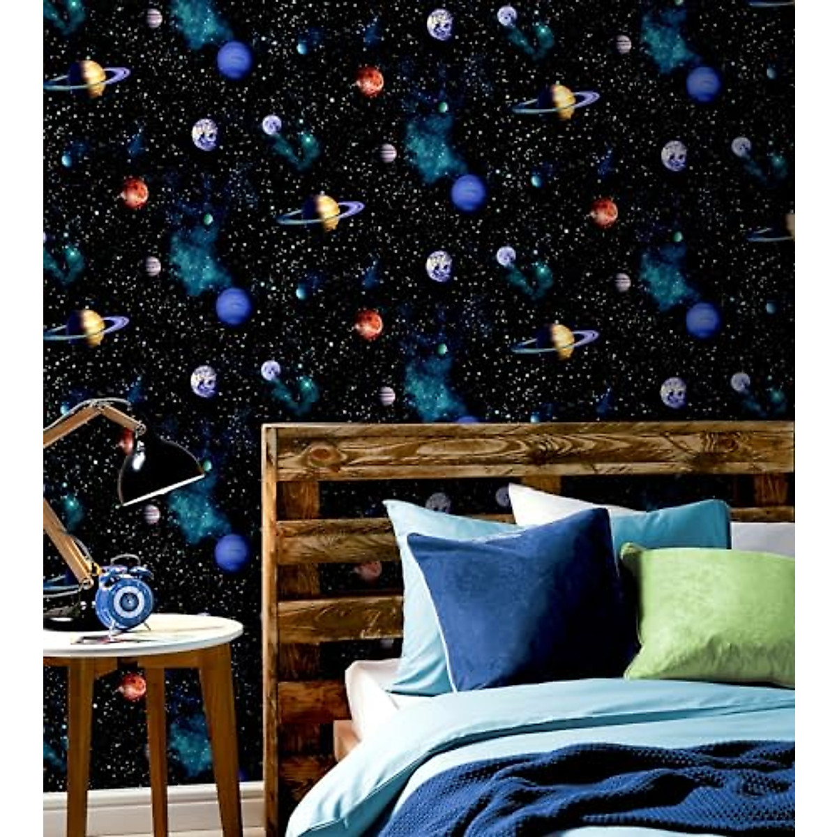 Arthouse Kids Cosmos Space Planets Charcoal Gray Wallpaper - Twinkling Stars on a Midnight Background with Green Accents - Amazing 3D Effect - Ideal for Teenager Bedroom - 668100