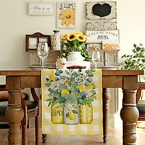 GEEORY Yellow Buffalo Check Summer Table Runner 72 Inch, Lemon Vase Spring Farmhouse Rustic Holiday Runners Kitchen Dining Table Decoration for Indoor Outdoor Dinner Party Décor GT073