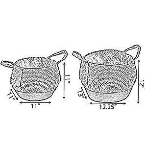 Straw Decorative Round Storage Basket Set of 2 with Woven Handles for the Playroom, Bedroom, and Living Room