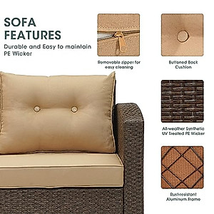 SUNVIVI OUTDOOR Wicker Loveseat Patio Furniture Corner Sofa, 2-Piece All-Weather Wicker Rattan Outdoor Sectional Couch Sofa Set with Brown Non-Slip Cushions, Aluminum Frame（Brown/Beige）