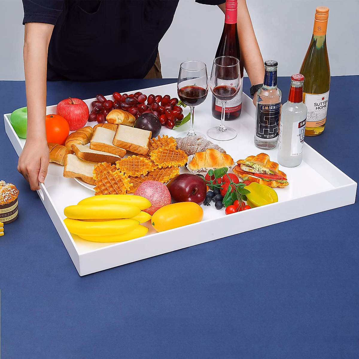 MIKINEE 22×22 Inches Glossy White Acrylic Sturdy Serving Tray Decorative Ottoman Coffee Table Trays Water Proof Bed Tray Counter Top Organizer