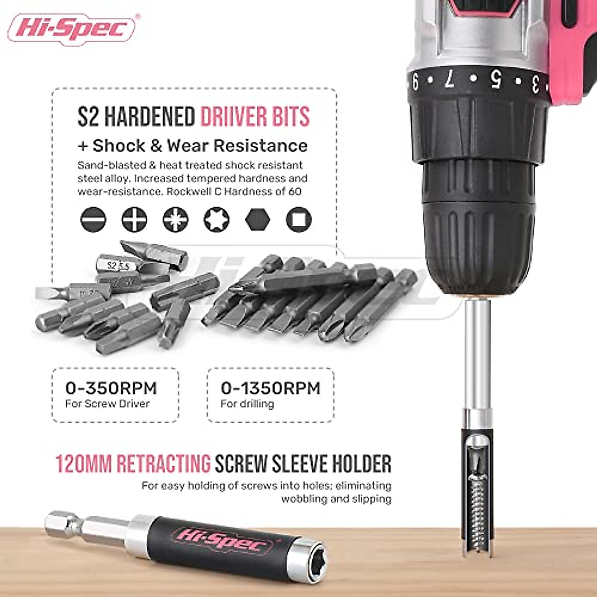 Hi-Spec 58pc Pink 18V Cordless Power Drill Driver, Bit Set & Case. Complete Home & Garage DIY Tool