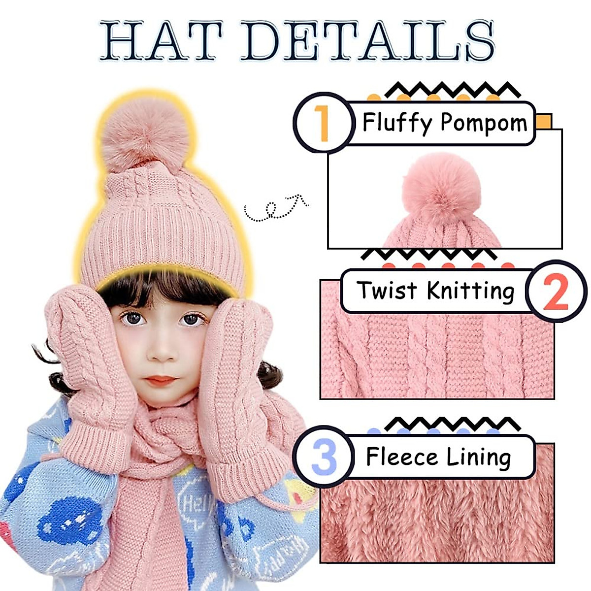 Kids Winter Hat Scarf Mittens Set Toddler Knitted Beanie Girls Fleece Children Neck Warmer Boys Warm Gloves 2-7 Years (Pink)