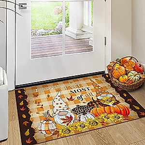 Thanksgiving Welcome Doormat Non-Slip Entrance Rugs, Fall Gnome Pumpkin Sunflower Indoor Bath Mat Floor Door Mats for Entry Way,Kitchen,Bedroom Home Decor Autumn Maple Leaf Orange Check