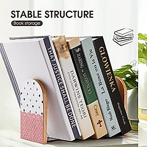 2 Pack Wood Bookends,Polka Dots On Pink and Gray Decorative Book Ends Support for Shelves Desktop Organizer Wooden Bookshelf for Home School Office