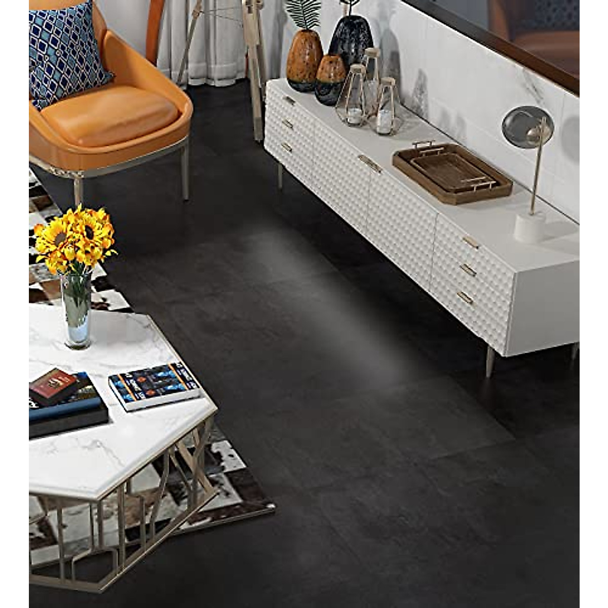 Livelynine 32-Pack Removable Floor Tiles Peel and Stick Flooring Charcoal Grey Vinyl Flooring Waterproof Bathroom Floor Tile Stickers Stick On Laminate Flooring Sticky Linoleum Flooring 12X12 Inch