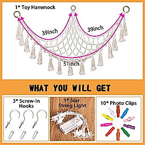 Stuffed Animal Toy Hammock Handmade Macrame Stuffed Animal Net with Photo Clips and Star String Lights, Corner Plush Toys Net Holder Hanging Mesh Toys Net for Nursery Play Room Bedroom