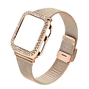 JOYOZY Stainless Steel Mesh bands Compatible For Apple Watch 40mm,Women Bling Protective Crystal Diamond Case with Loop Mesh Strap For Apple watch Series 6/SE/5/4 (No Tool Needed) (Rose Gold, 40MM)