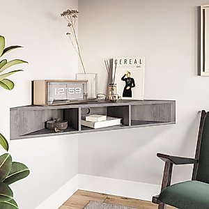 BELLEZE 47 Inch Modern Floating Wall Mounted Corner Shelf, TV Console with Three Shelves and A Cable Cutout, Space Saving Decorative Media Corner Storage - Russel (Gray Wash)