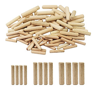 Luckkyme, 400pcs 1/4” 5/16” 3/8" L Fluted Wood Dowel Pins Beveled Ends Tapered for Easier Insertion Straight Grooved Pins for Furniture Door and Art Projects