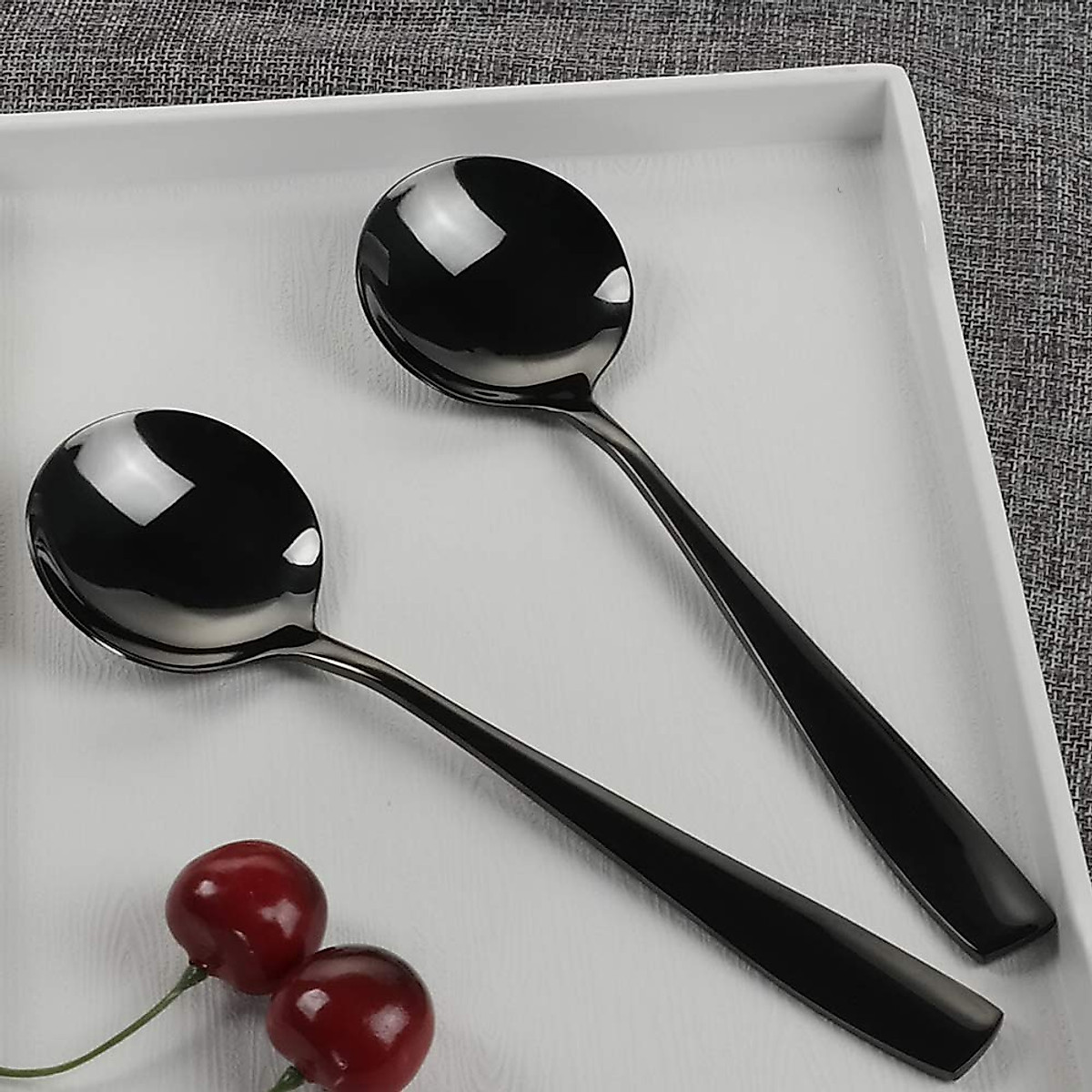 Teyyvn 16-Piece Round Soup Spoons, Black Stainless Steel Bouillon Spoon