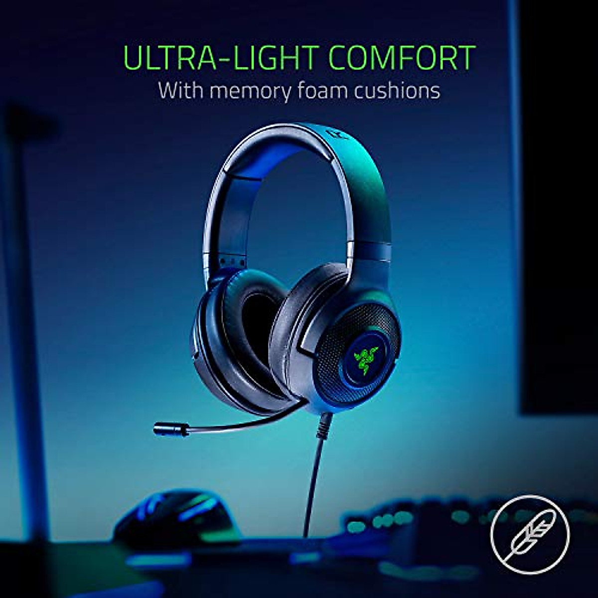 Razer Kraken X USB Ultralight Gaming Headset: 7.1 Surround Sound - Lightweight Frame - Green Logo Lighting - Integrated Audio Controls - Bendable Cardioid Microphone - for PC - Classic Black