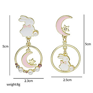 Asymmetric Rabbit Star Moon Earrings,Cute Bunny Pearl Crystal Drop Earring for Women Party Jewelry Gifts (Pink)