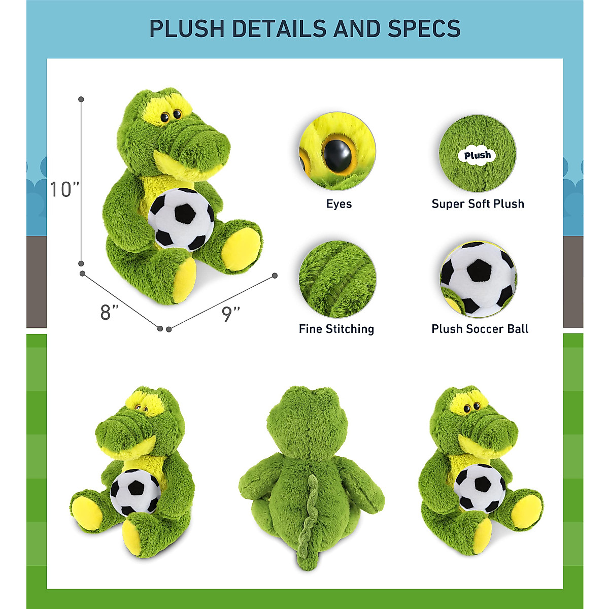 DolliBu Sitting Green Alligator Stuffed Animal with Soccer Ball Plush - Soft Huggable Alligator Playtime Plush Toy, for Kids and Adults - 12 Inches