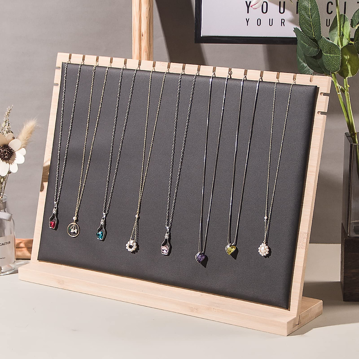 Justsoso Big Bamboo Necklace Display Stand, Pendant Necklace Jewelry Holder Rack, Chain Jewellery Organizer for Home or Selling Show (Black PU)