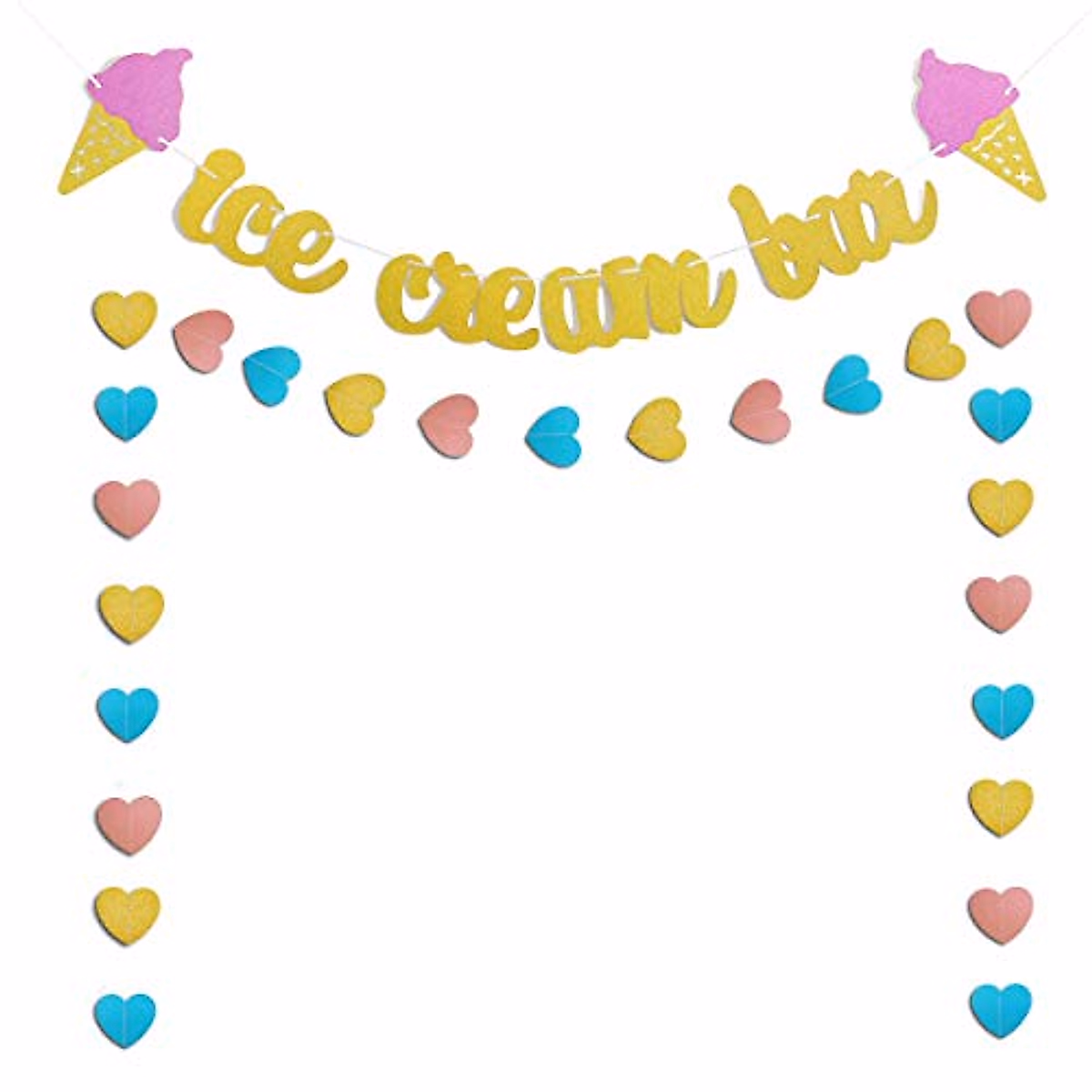 Gold Glittery Ice Cream Bar & Ice Cream Sign Banner and Pink, Blue, Gold Heart Paper Garland Birthday Party Ice Cream Theme Party Summer Theme Party Baby Shower Wedding Decorations Cute Photo Prop