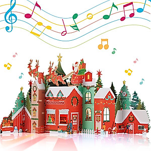JOYJOM 3D Pop Up Christmas Cards, Musical Christmas Cards with Envelopes, Lights and Note Tag for Kids Wife Mon Dad Friends,21" x 11.4" (Village Santa and Reindeers)
