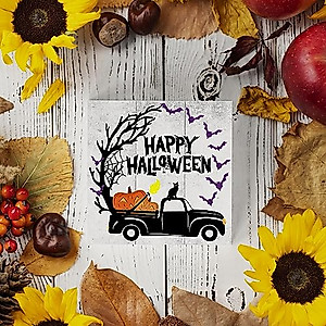 Country Halloween Wood Box Sign Autumn Rustic Farmhouse Style Happy Halloween Pumpkin Truck Wood Block Plaque 5 X 5 Inches Home Desk Sign Decor for Presents